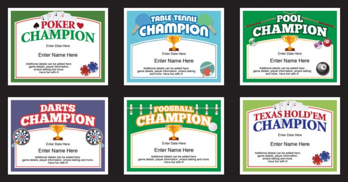 Basement Games Certificates Templates - Darts, pool, poker